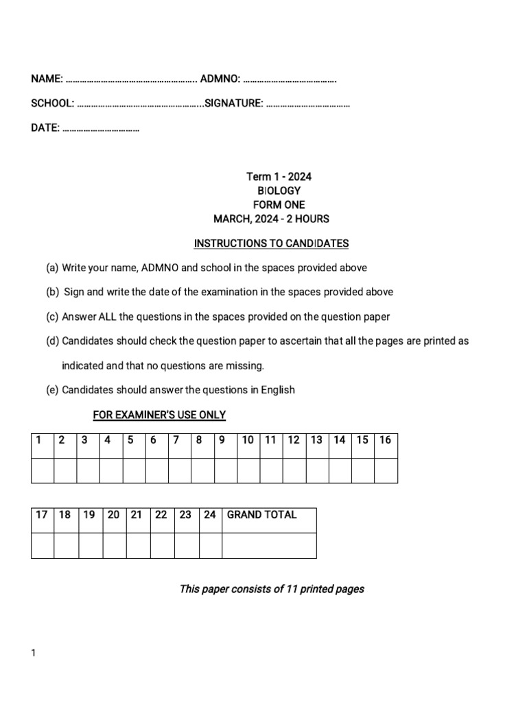Form 1 Paper | PDF | Taxonomy (Biology)
