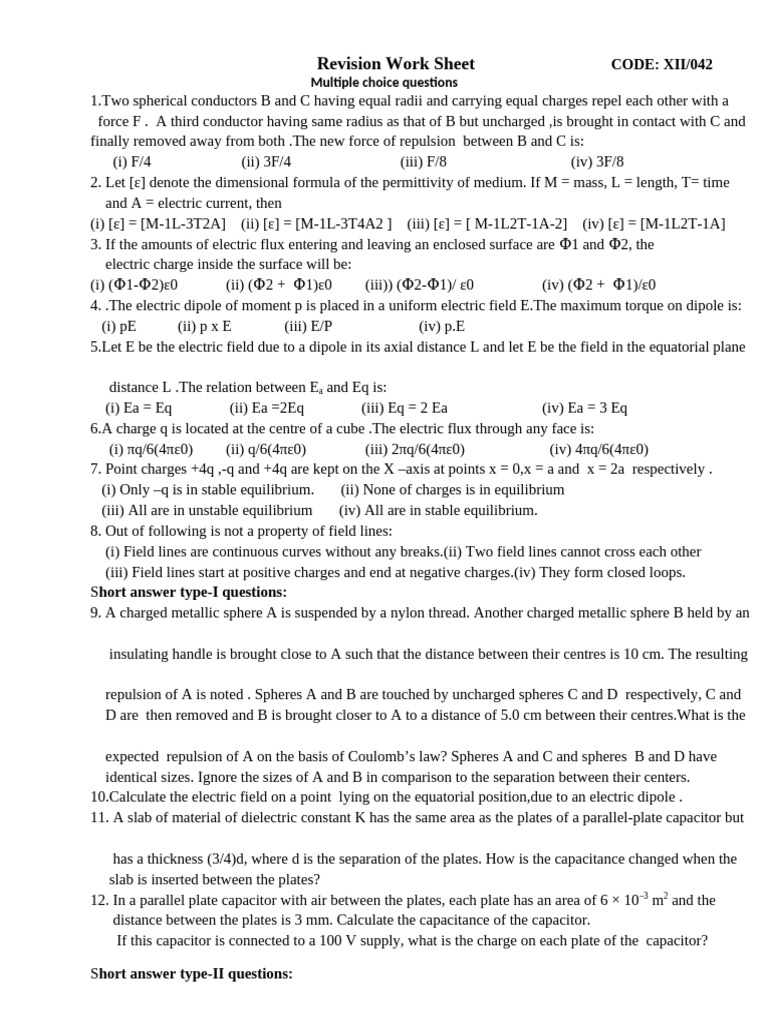 Assignment Class Xii Ch-1 | PDF | Capacitor | Capacitance