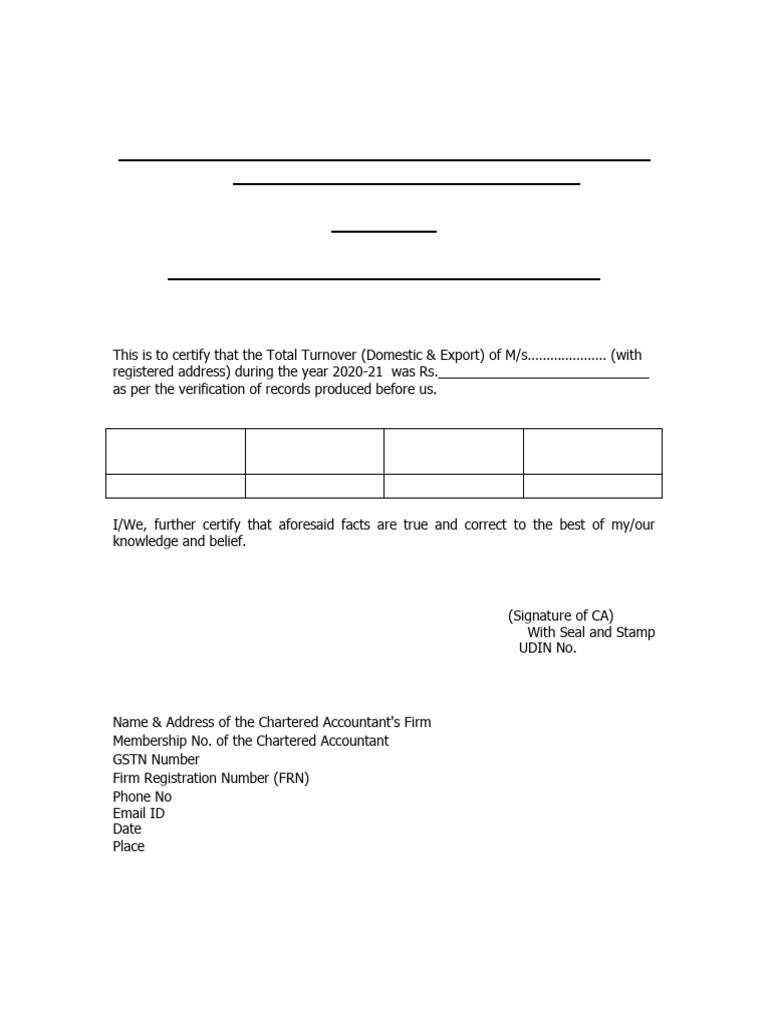 Chartered Accountant Certificate For Total Turnover For The Year 2020 ...
