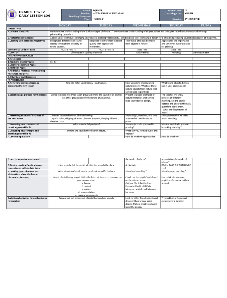 DLL_MAPEH 3_Q3_W2 | PDF | Learning | Human Communication