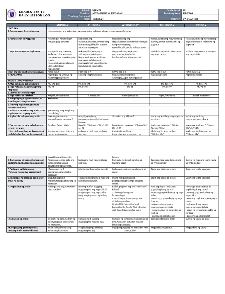 DLL - Filipino 3 - Q3 - W2 | PDF