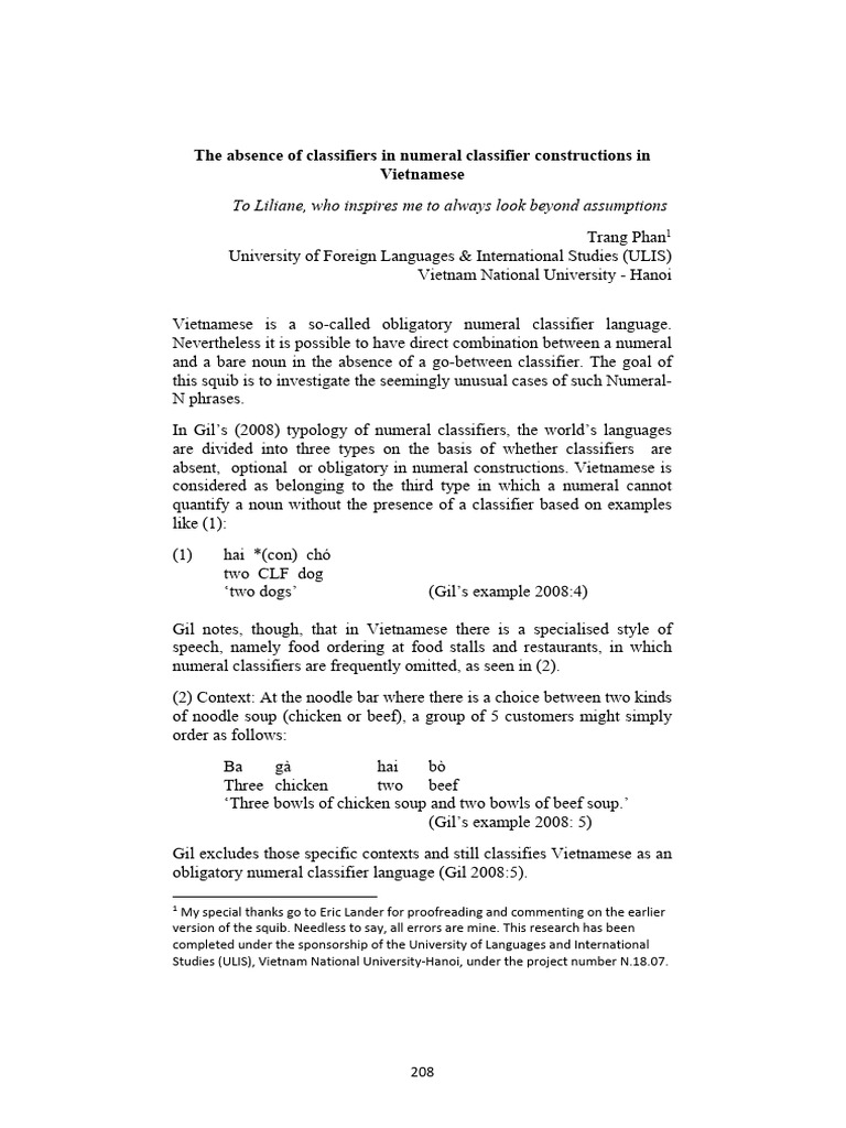 The Absence of Classifiers in Numeral CL | PDF | Vietnamese Language | Linguistic Morphology