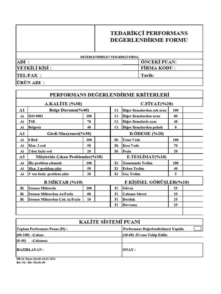 Tedarikci Performans Degerlendirme Formu | PDF