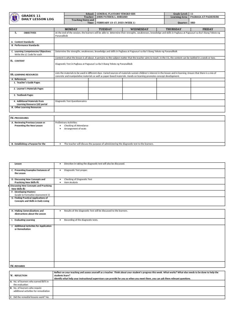 DLL PAGBASA Q1 W1-Diagnostic | PDF | Teachers | Education Theory