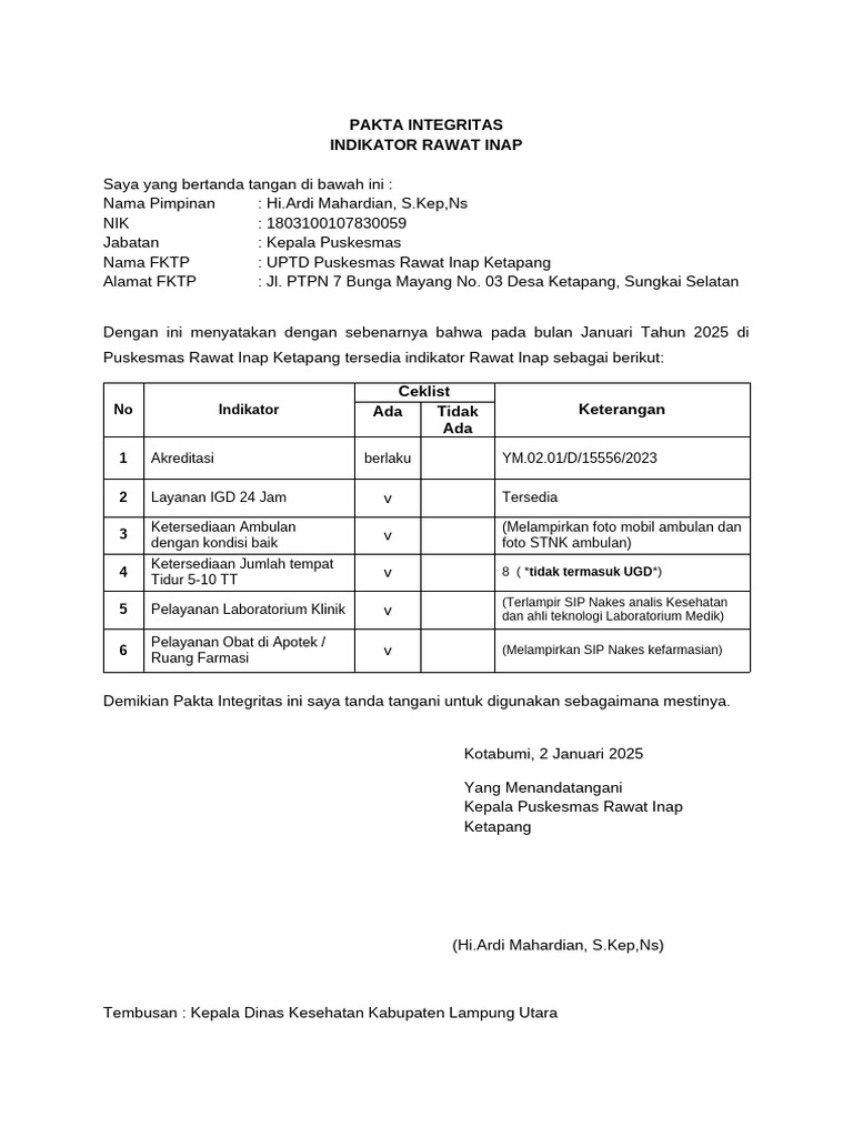 Pakta Integritas Indikator Rawat Inap 2025 | PDF