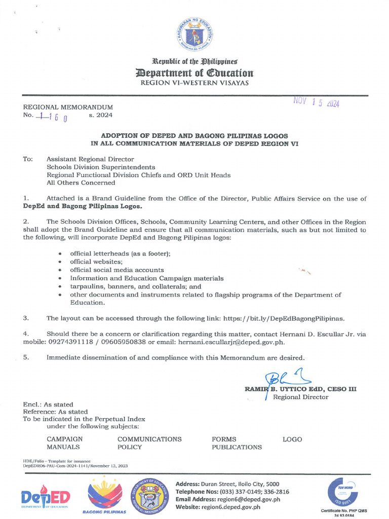 RM No. 1160 S. 2024 ADOPTION OF DEPED AND BAGONG PILIPINAS LOGOS IN ALL ...