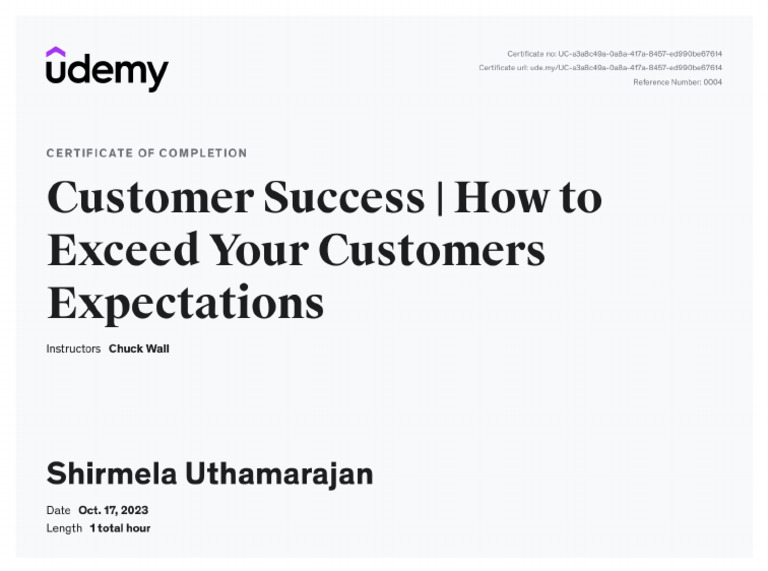 Udmey Certificate - How To Exceed Your Customer Expectations | PDF