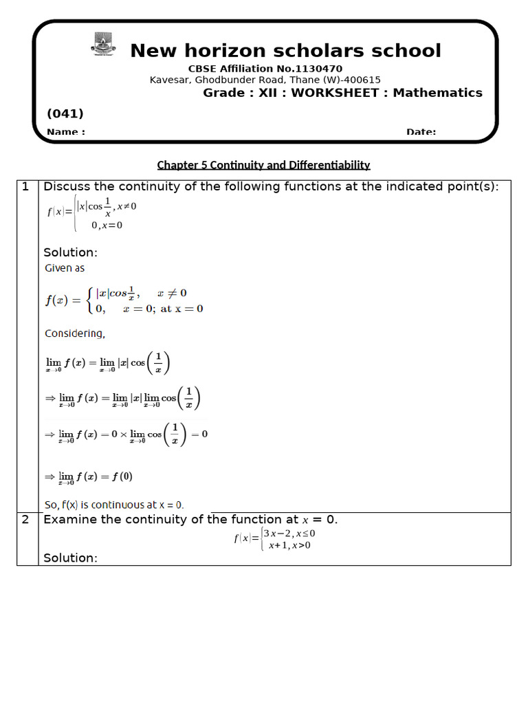 CH 5 WS Anskey Continuity. and Differentiability | PDF | Differential Calculus | Analysis