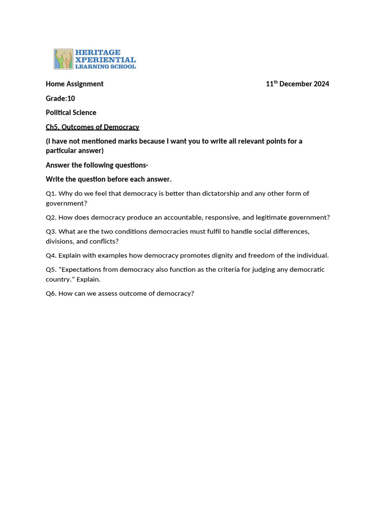 HW Pol X Ch5 Outcomes of Democracy 24-25 | PDF