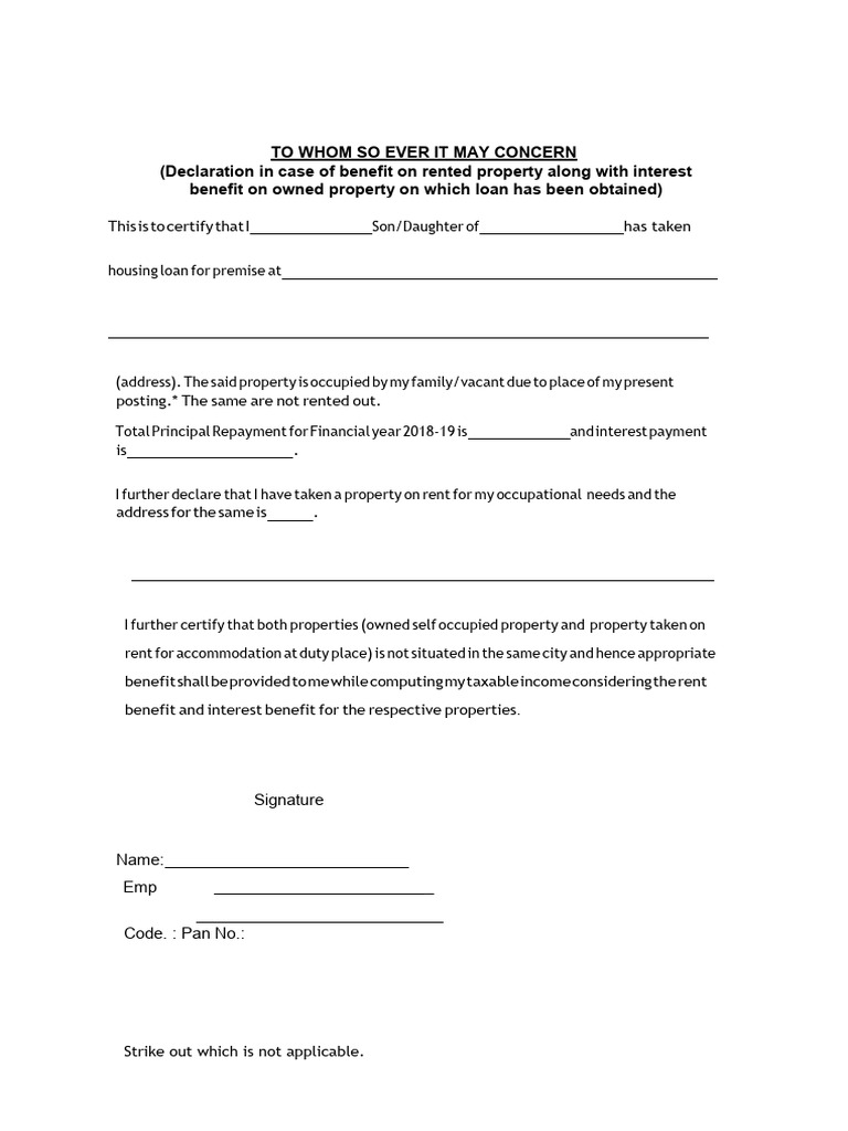 Declaration To Clain HRA As Well As Loss From House Property | PDF
