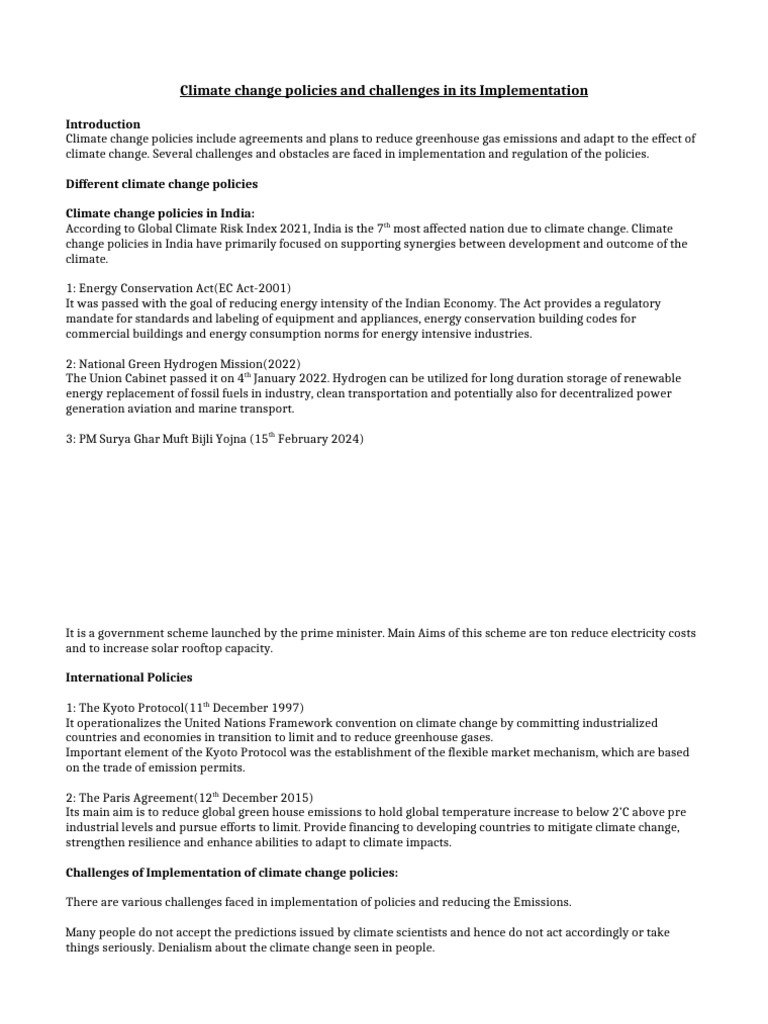 Climate Change Policies and Challenges | PDF | Climate Change ...