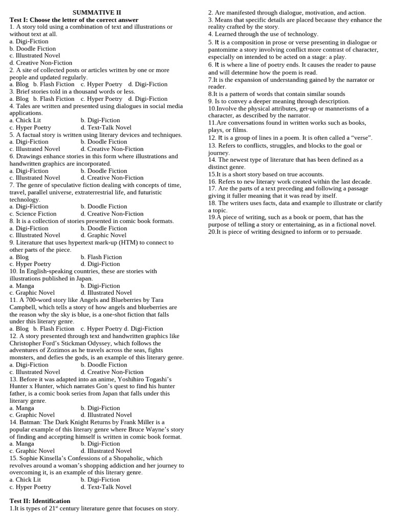 SUMMATIVE II 21st Century | PDF | Poetry | Novels