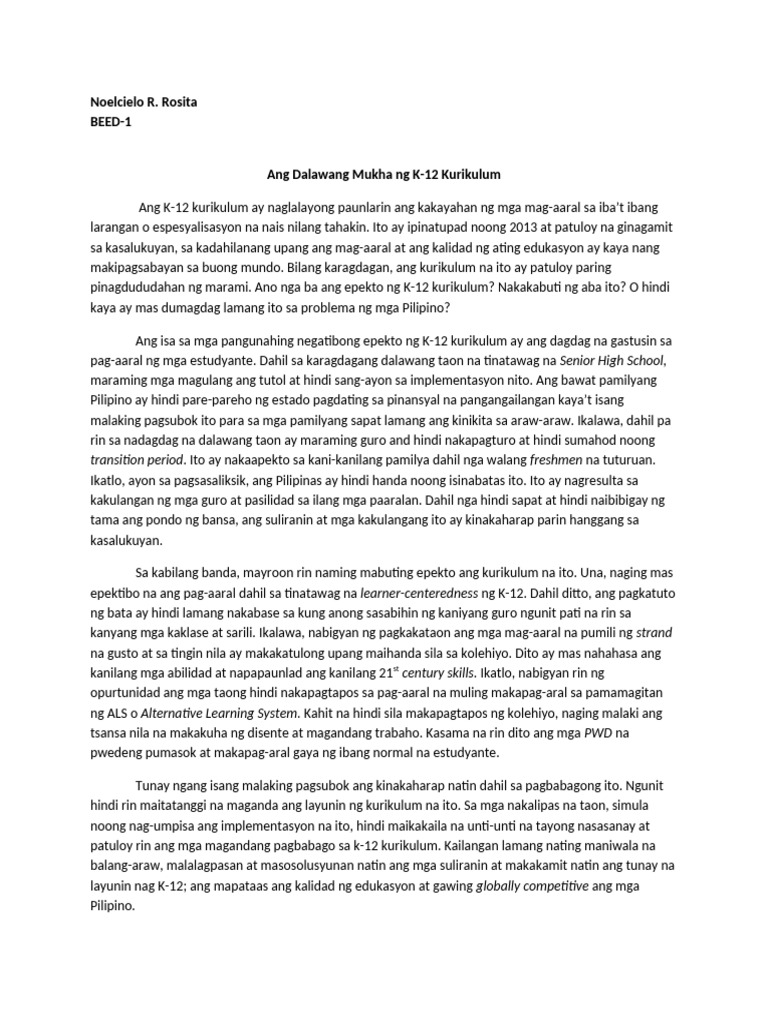 Noelcielo R. Rosita BEED-1: Senior High School | PDF