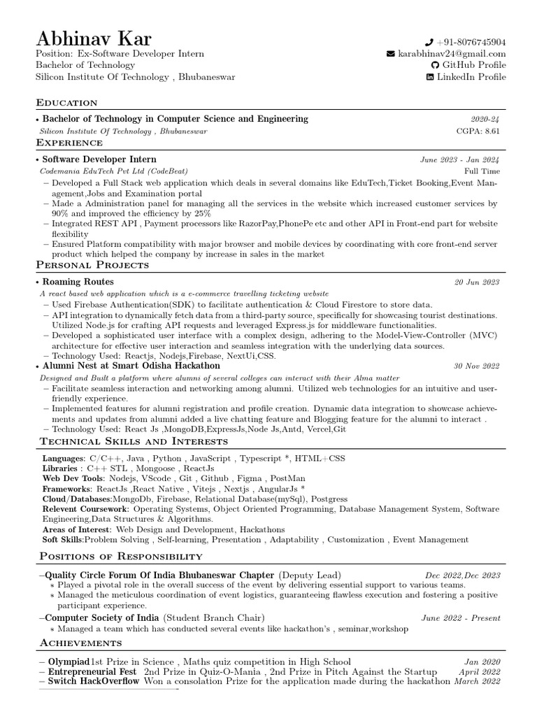 ABHINAV KAR RESUME March | PDF | Computer Engineering | Computer Science