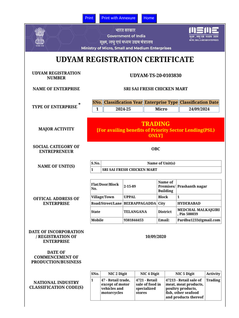 Print - Udyam Registration Certificate | PDF