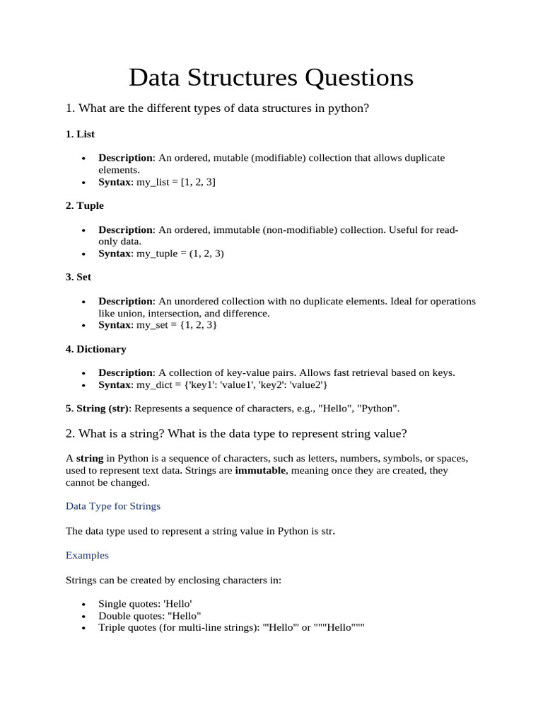 Data Structures Questions: 1. What Are The Different Types of Data Structures in Python? | PDF ...