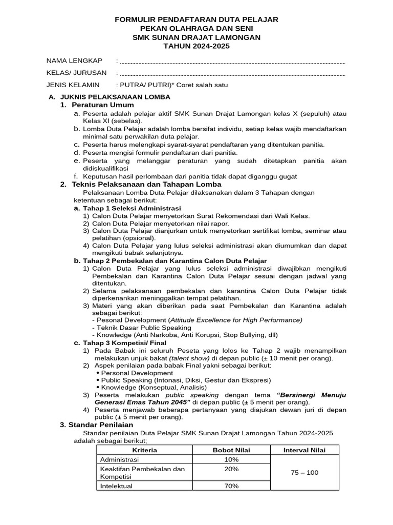 Formulir Pendaftaran Lomba Duta Pelajar | PDF