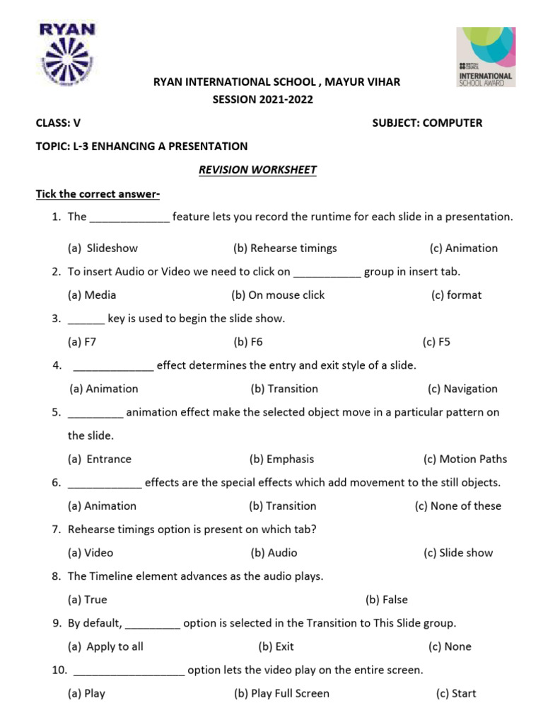 l-3 Class 5 Revision Worksheet | PDF