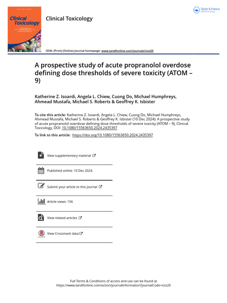 A Prospective Study of Acute Propranolol Overdose Defining Dose ...