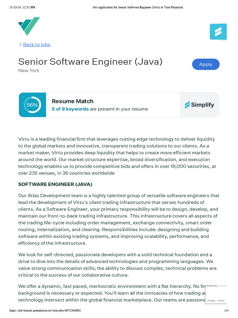 Job Application For Senior Software Engineer (Java) at Virtu Financial ...