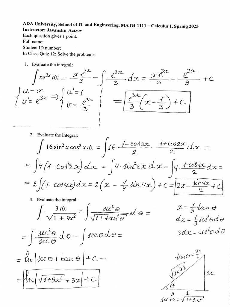 Quiz11 - Calculus 1 - Fall 2024 (Solutions) | PDF