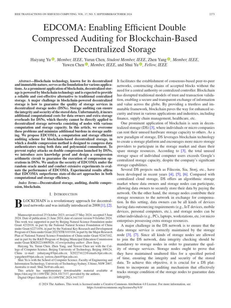 EDCOMA Enabling Efficient Double Compressed Auditing For Blockchain-Based Decentralized Storage ...