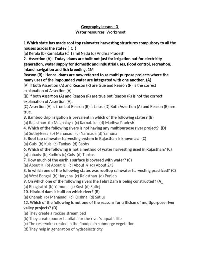 Gr X Geo L 3 Water Resources Worksheet-1 | PDF | Water | Water And The ...