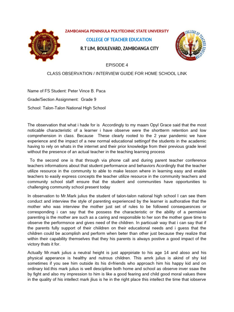 FS 1 Episode 4 Observation Report | PDF | Learning | Teachers