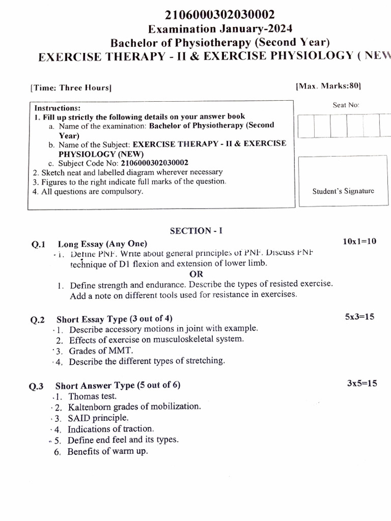 Exercise Therapy II Exam Paper 2024 | PDF | Physical Therapy | Knee