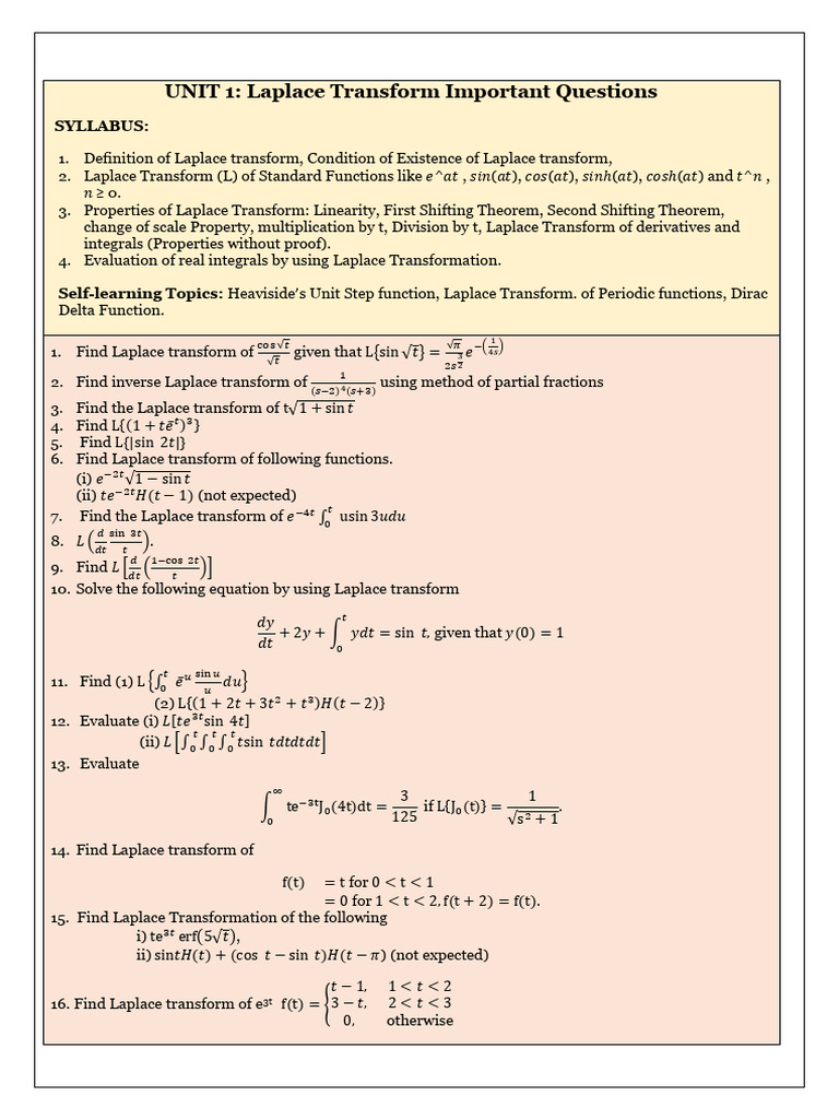 Laplace Transform Important Questions | PDF | Laplace Transform ...