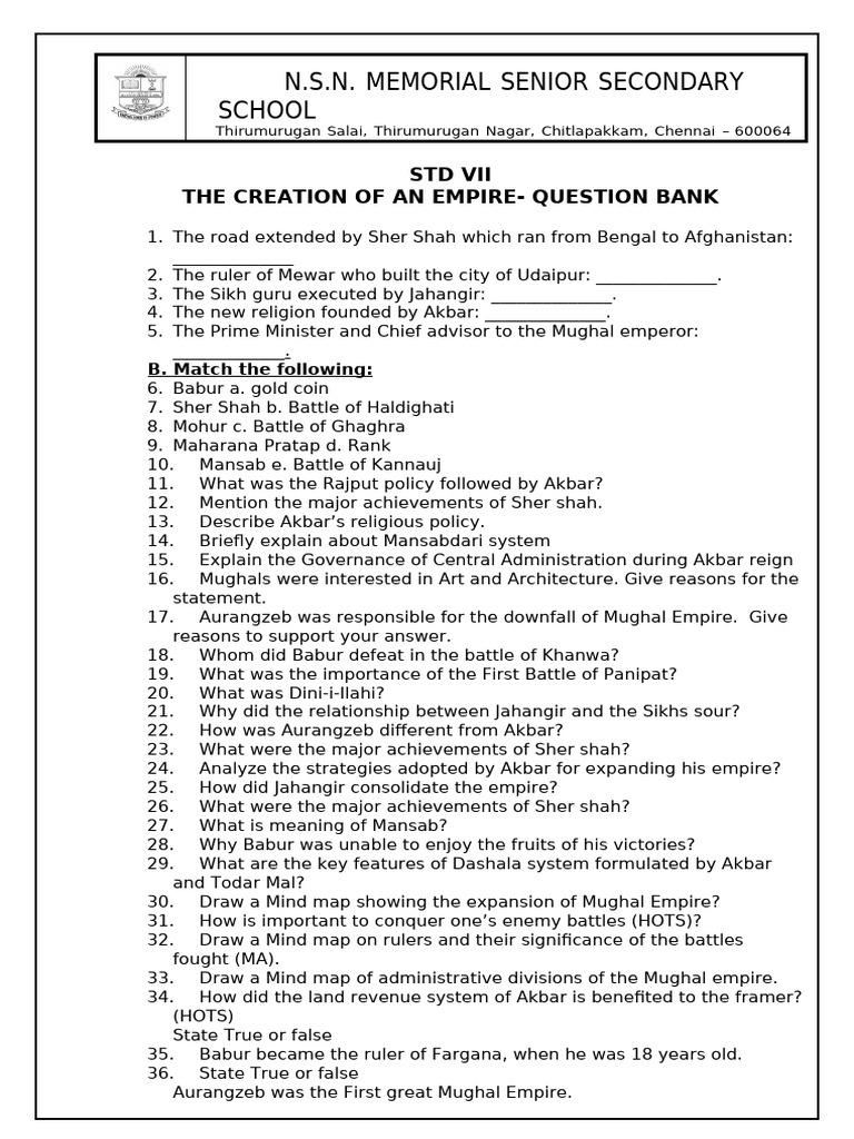 Mughal Empire: Key Concepts for Class 7 | PDF | Mughal Empire
