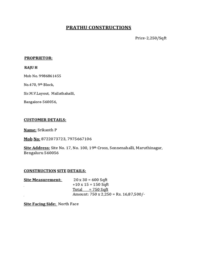 Prathu Constructions Project Estimate | PDF | Building Engineering ...