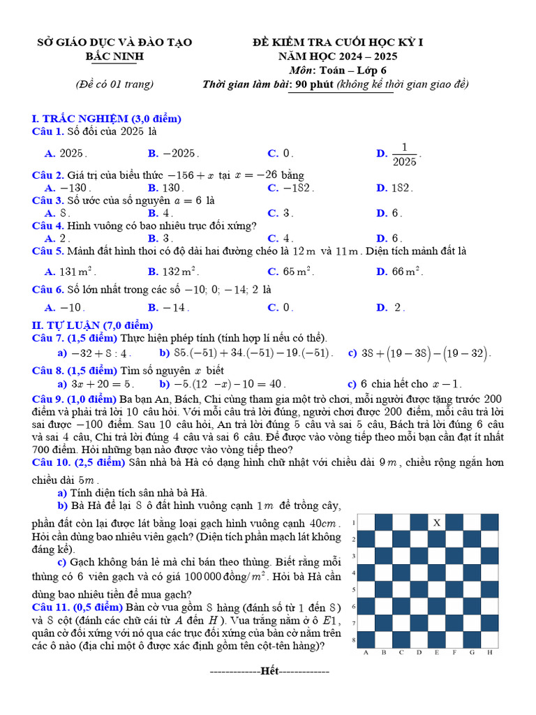 De Kiem Tra Cuoi Hoc Ky 1 Toan 6 Nam 2024 2025 So GDDT Bac Ninh | PDF