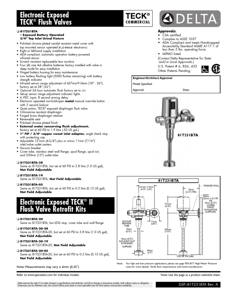 Delta Urinal Flush Valve | PDF | Valve | Vacuum Tube