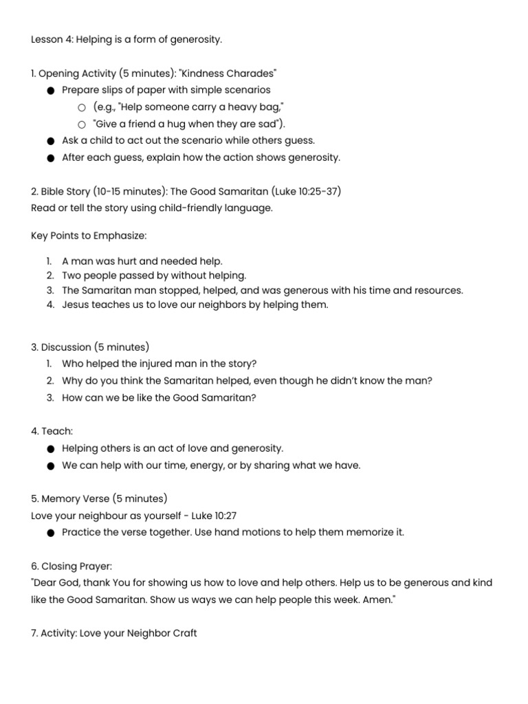 Lesson 4 - Helping Others Is Generous | PDF