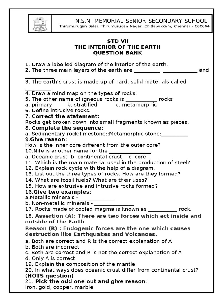 Earth Interior Question Bank for Grade VII | PDF | Rock (Geology) | Magma