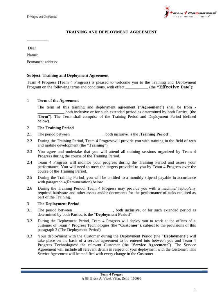 Training and Deployment Agreement | PDF | Intellectual Property | Trade ...
