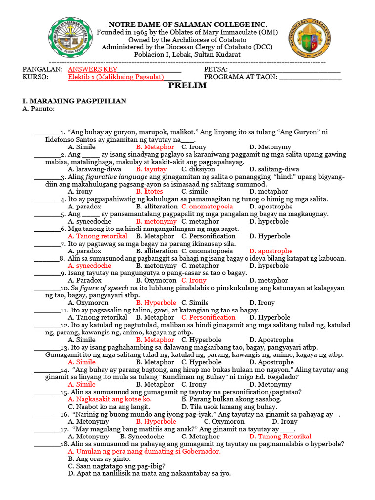 Elektib 1- Malikhaing Pagsulat Prelim with Answers Key | PDF Elektib 1- Malikhaing Pagsulat Prelim with Answers Key | PDF