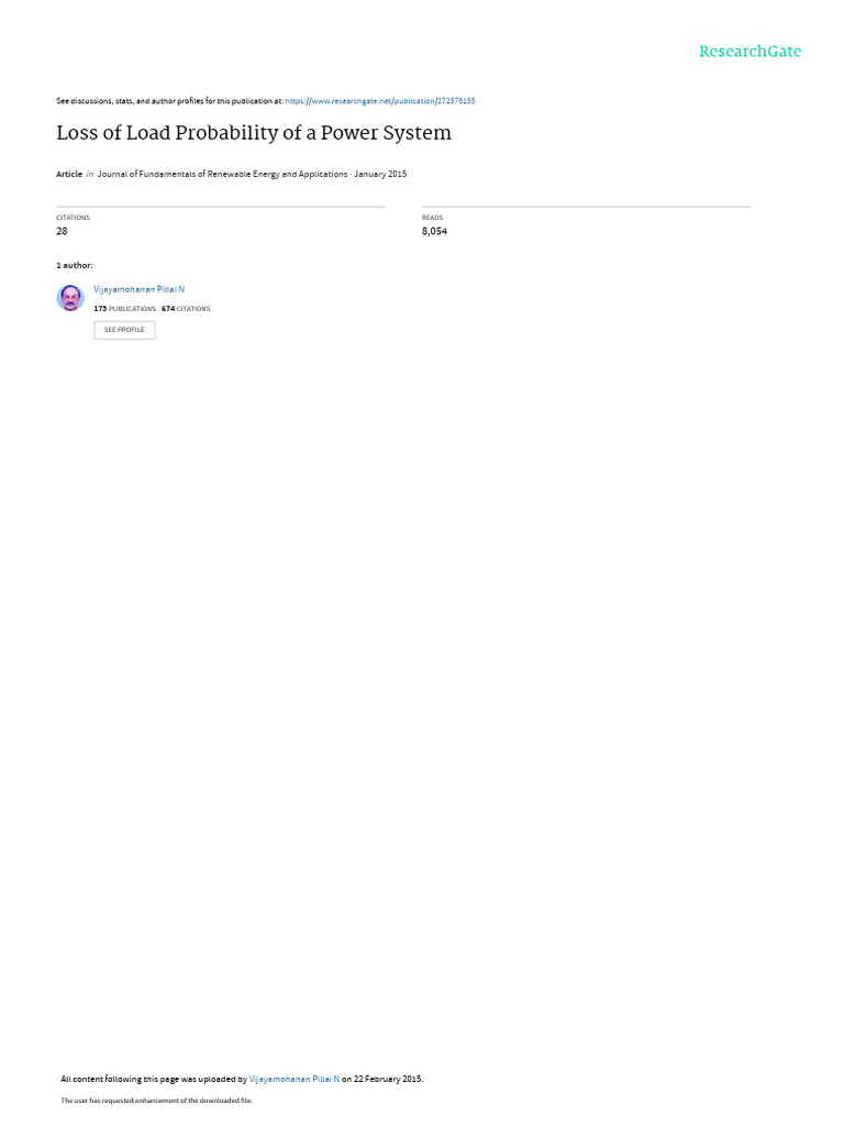 Loss of Load Probability of A Power System | PDF
