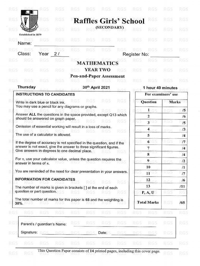 2021 Y2 Math Ppa | PDF