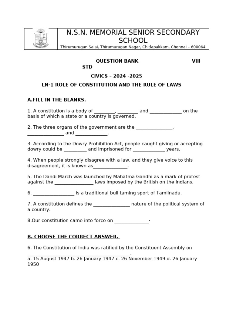 8TH- QUESTION BANK CIVICS-LN-1 ROLE OF CONSTITUTION - Copy (2) | PDF | Government