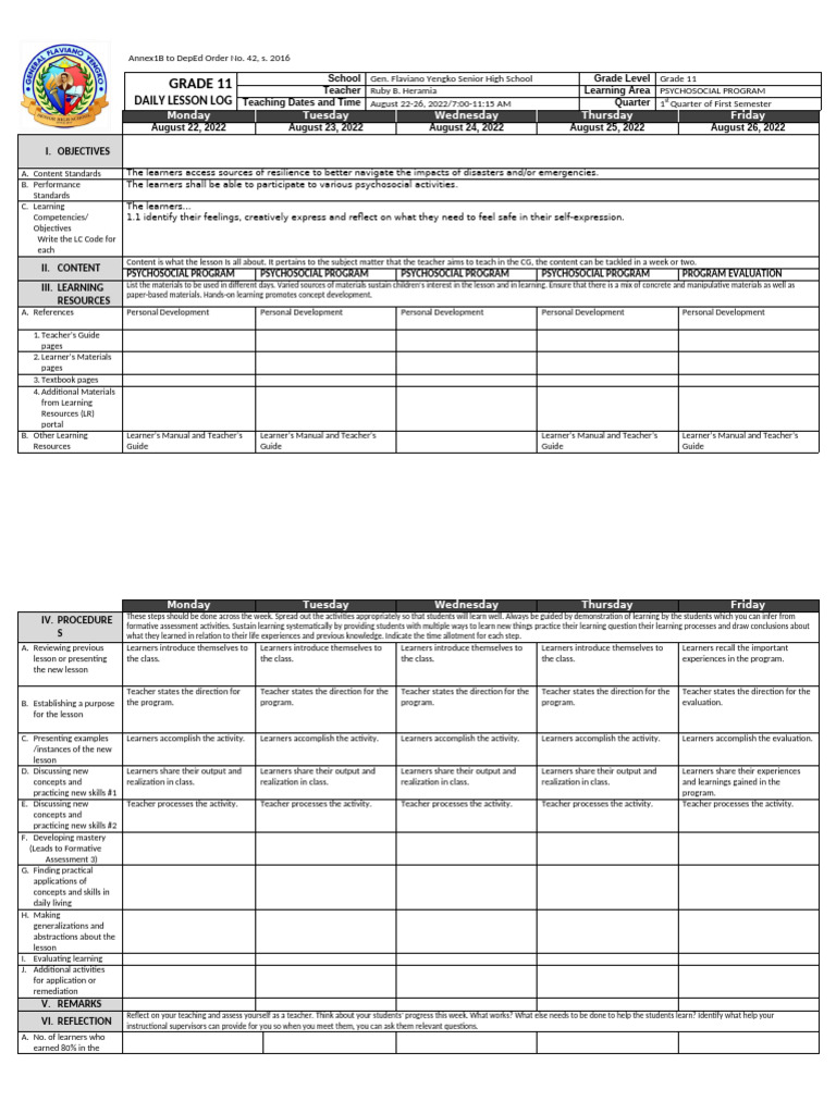 Week 1 - DLL - PSYCHOSOCIAL PROGRAM | PDF | Learning | Cognition