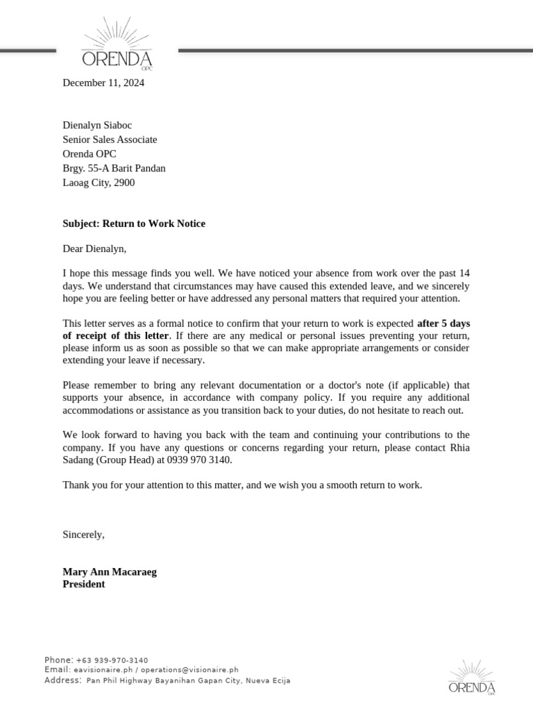 RETURN TO WORK NOTICE - Siaboc, Dienalyn | PDF