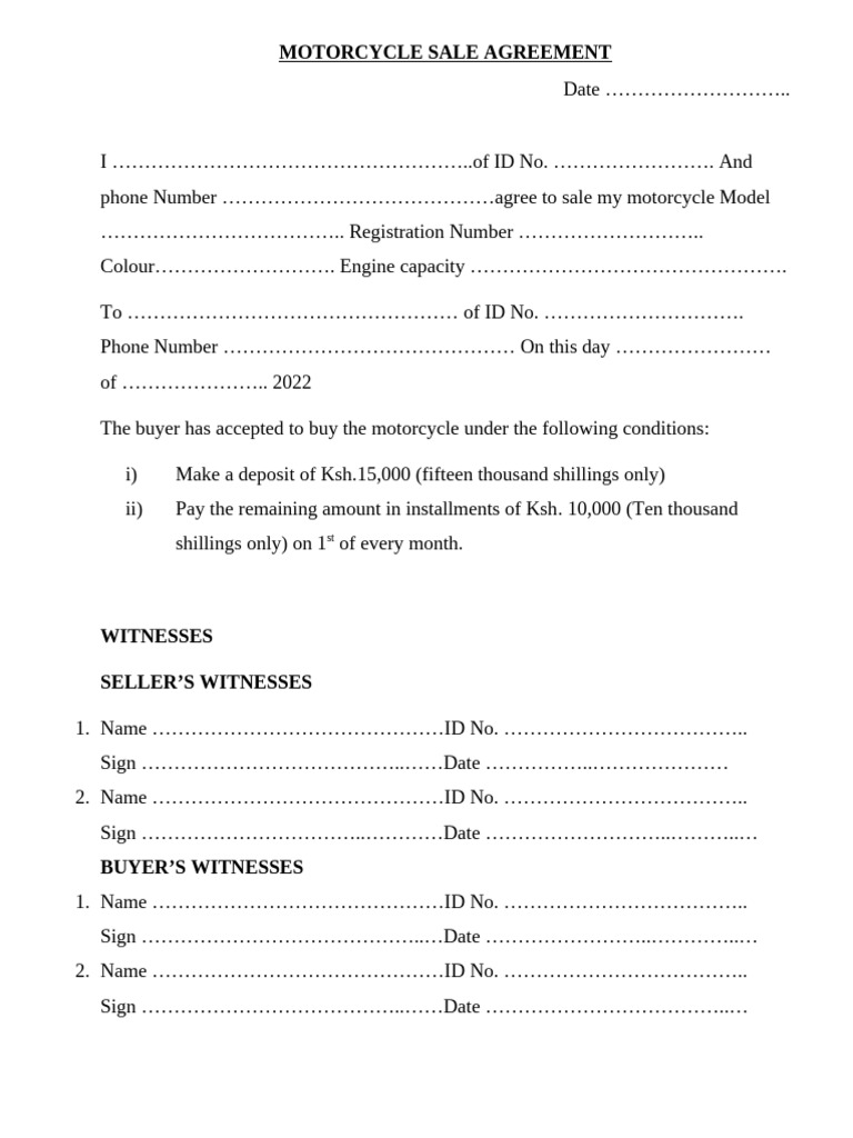 Motorcycle Sale Agreement Template | PDF