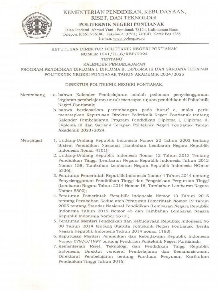 2024-1641 Kepdir Kalender Pembelajaran 24-25 | PDF