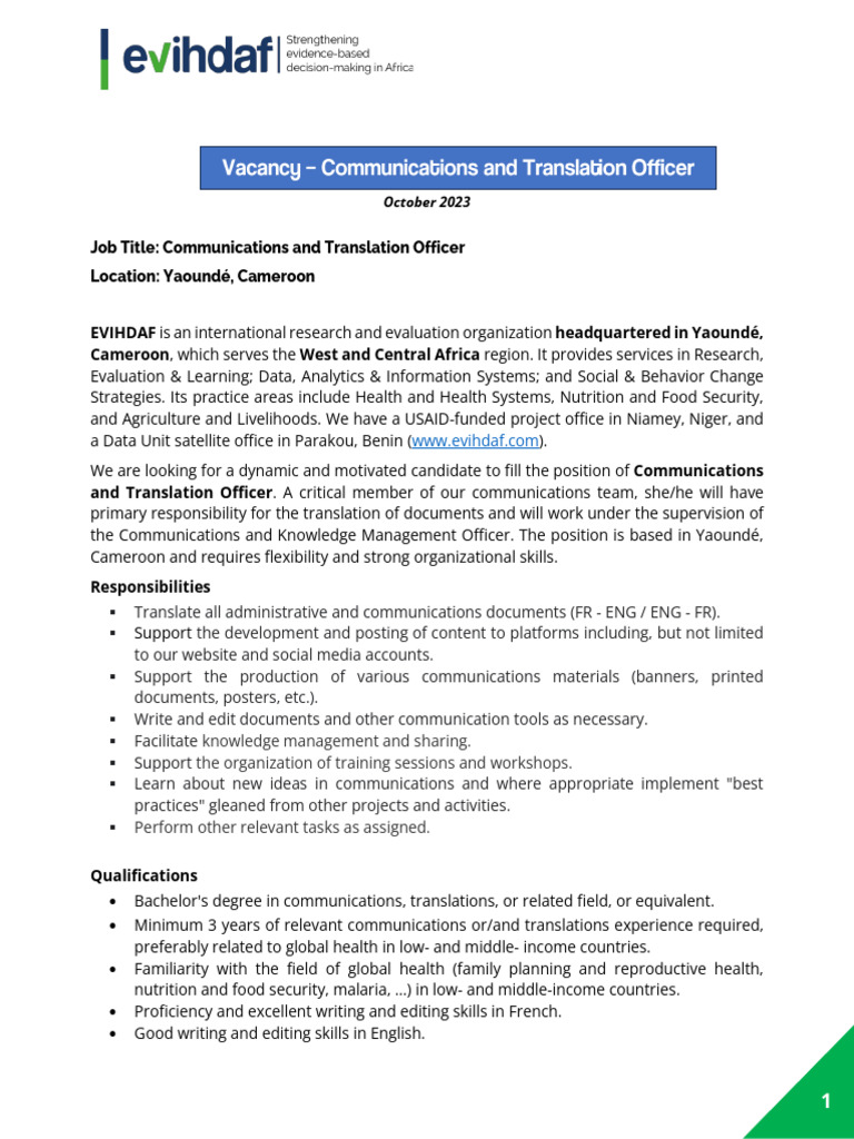 Vacancy Communications and Translation Officer October 2023 | PDF ...