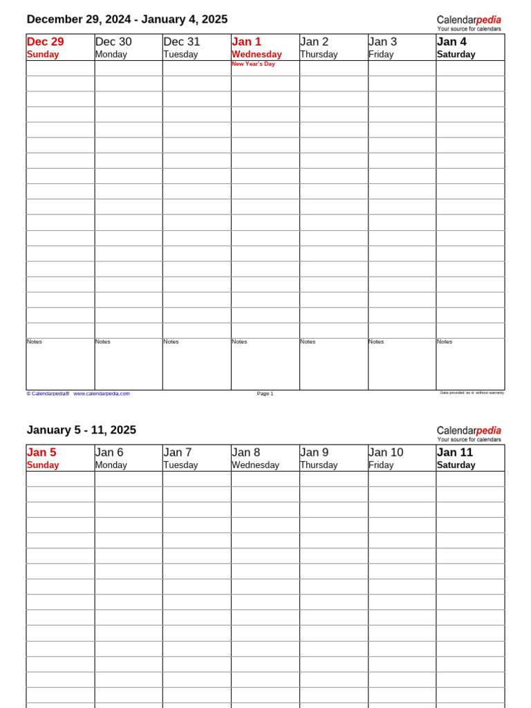 Weekly Calendar 2025 Landscape No Time Markings | PDF | Easter ...
