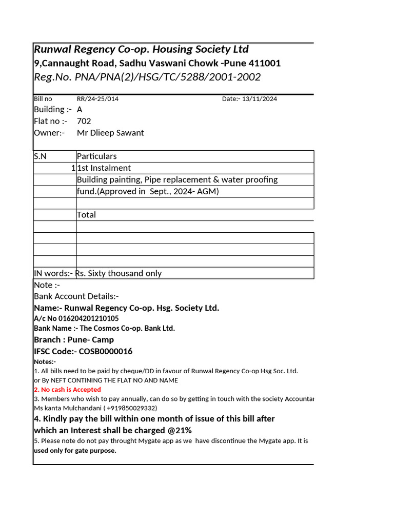 Runwal Regency Housing Society Bill 2024 | PDF