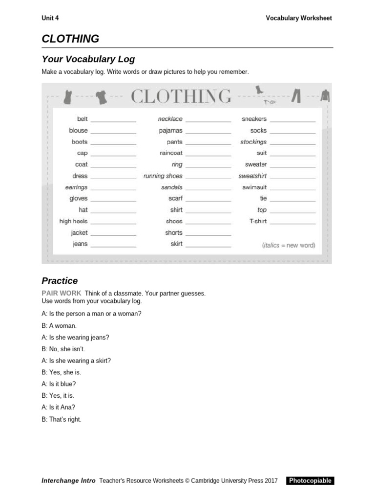 Interchange5thEd IntroLevel Unit04 Vocabulary Worksheet | PDF