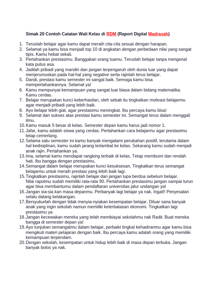 Simak 20 Contoh Catatan Wali Kelas Di | PDF